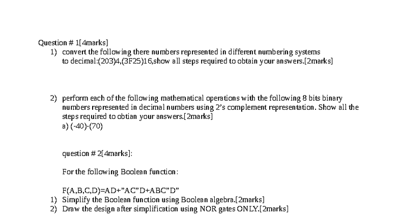 Midterm Exam: Digital Logic (CSE 101) - Number Systems & Boolean ...