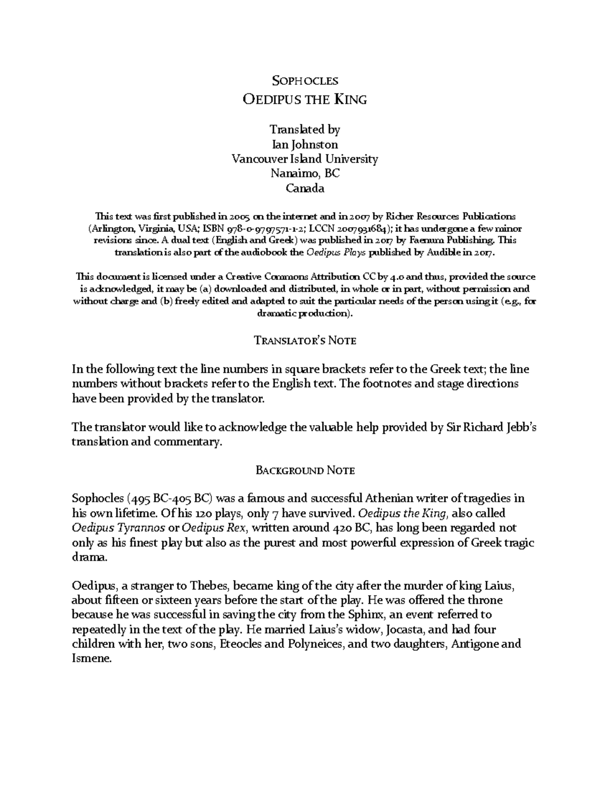 Oedipus the King (Sophocles) - Complete Text Translation by Ian ...