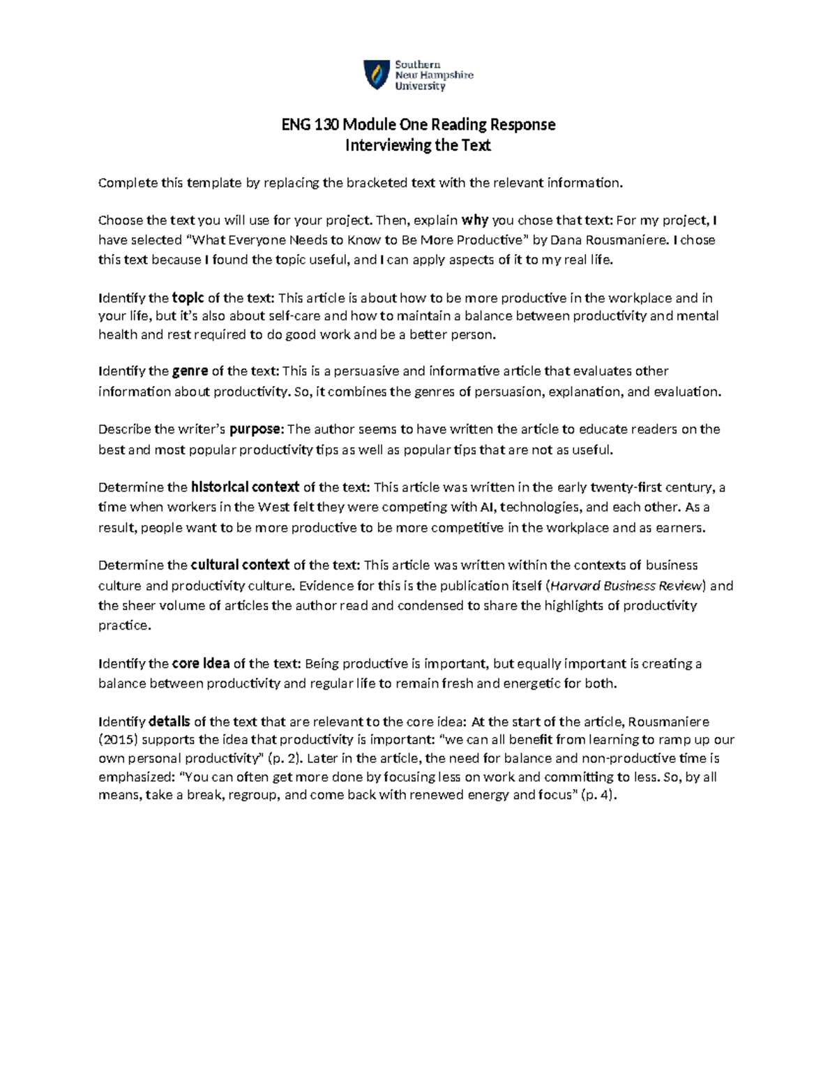 ENG 130 Mod-1 Reading Response Exemplar - ENG 130 Module One Reading Response Interviewing the ...