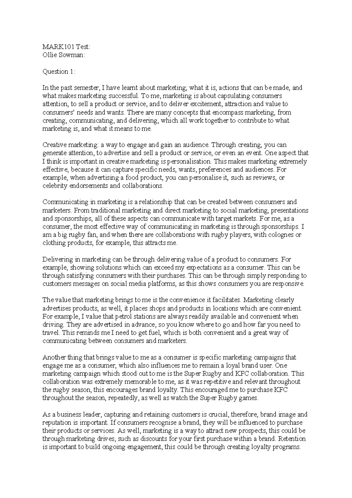 MARK101 Test - Final Exam trimester 3 - MARK101 Test: Ollie Sowman ...