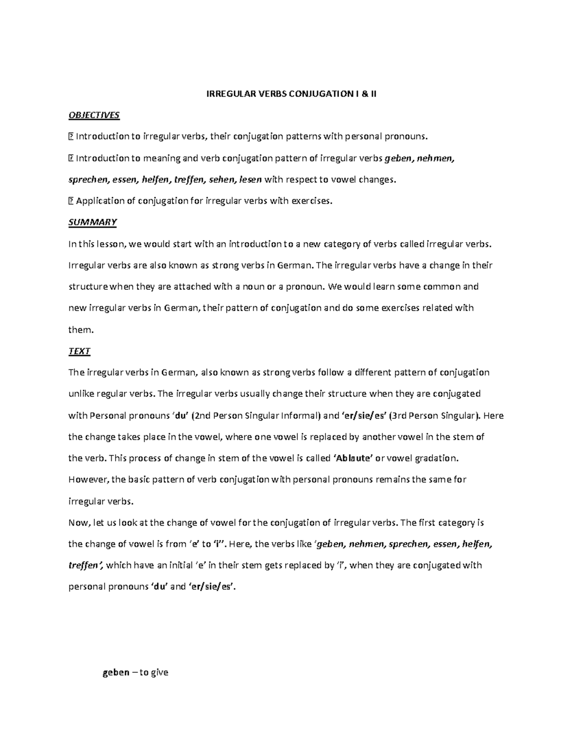 Irregular Verbs Conjugation I & II: Patterns and Exercises - Studocu