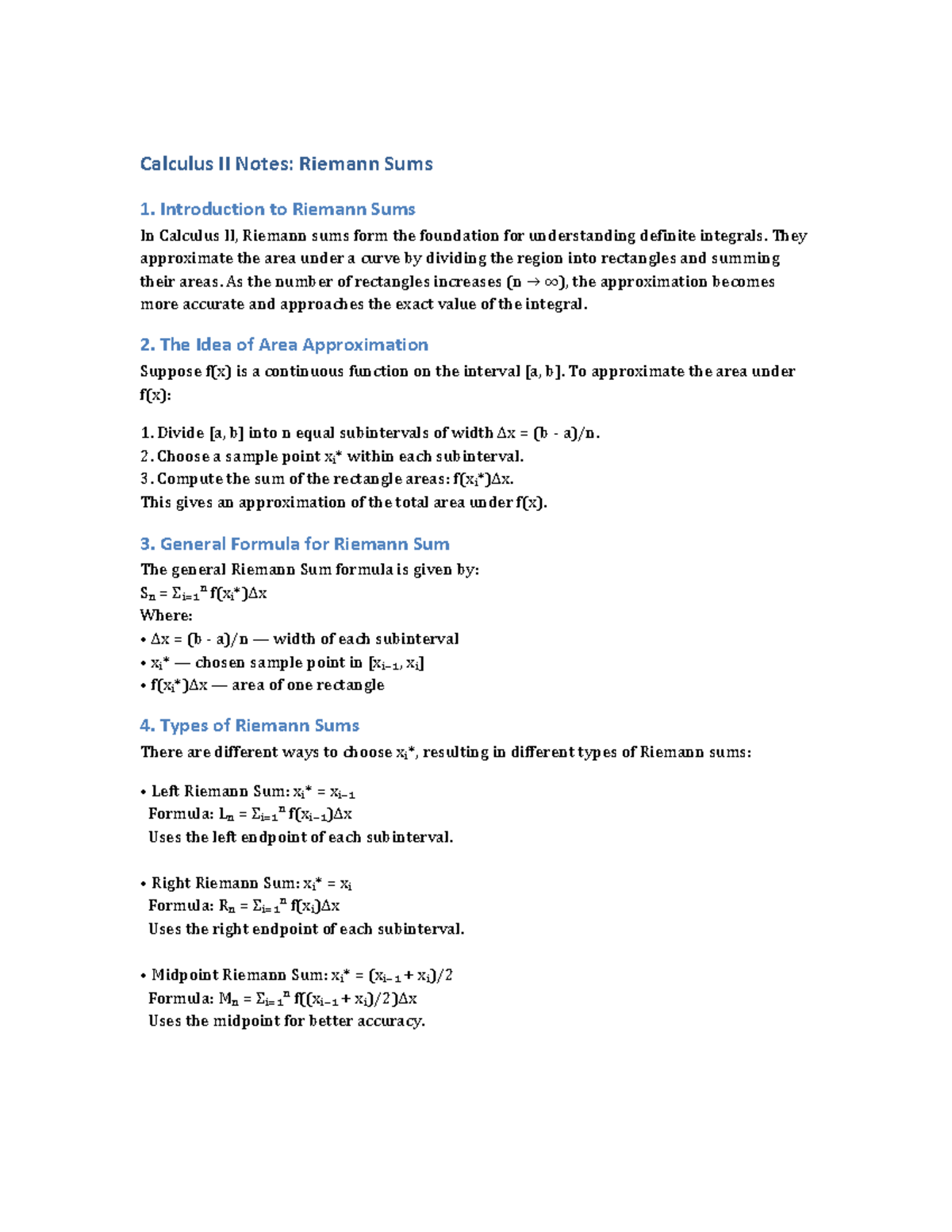 Calculus II Notes: Understanding Riemann Sums for Integrals - Studocu