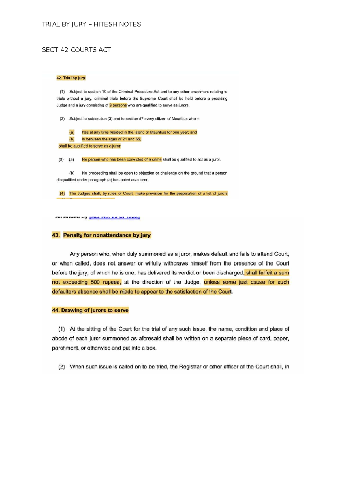 TRIAL BY JURY NOTES - HITESH - SECT 42 COURTS ACT 42 - Studocu
