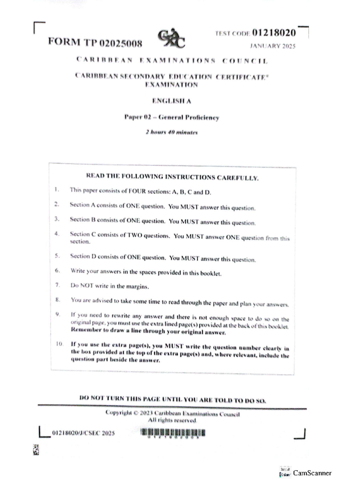 English A (0121) Paper 02 Exam Instructions and Essay Topics - JAN 2025 ...