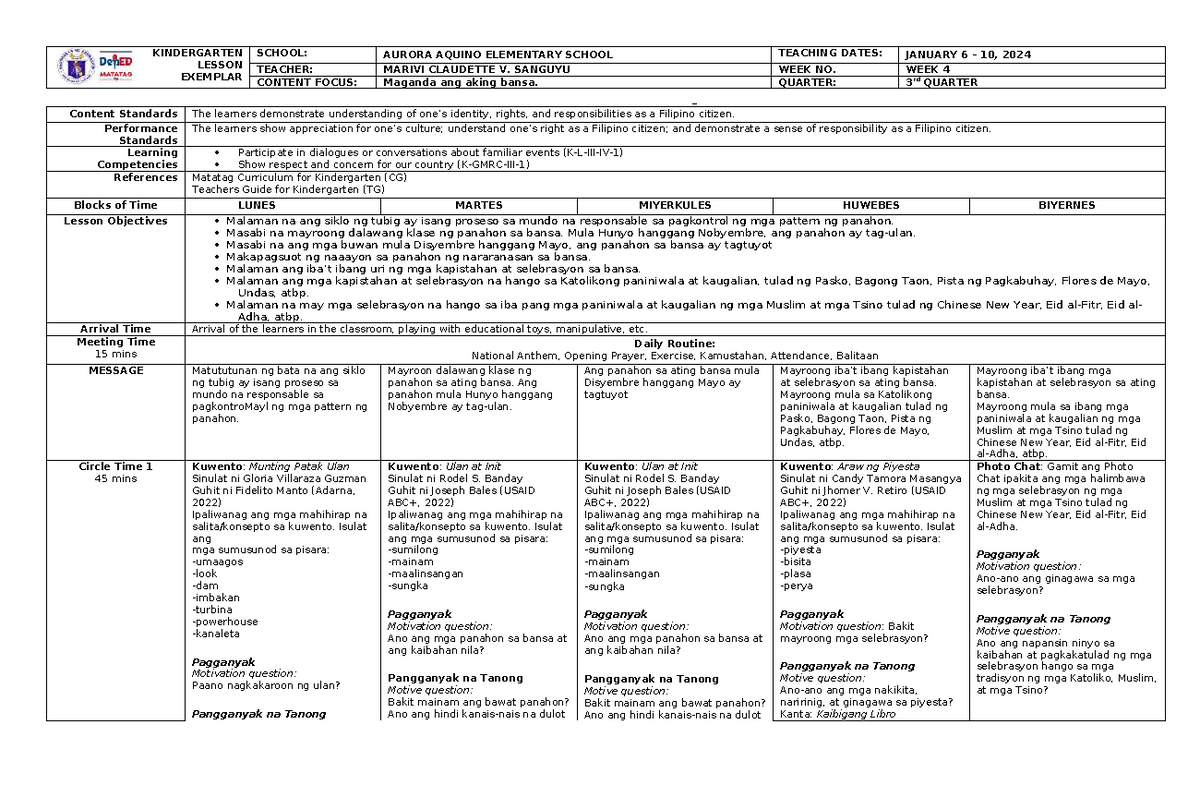 KINDERGARTEN Q3 WEEK 4 LESSON EXEMPLAR: Filipino Identity ...