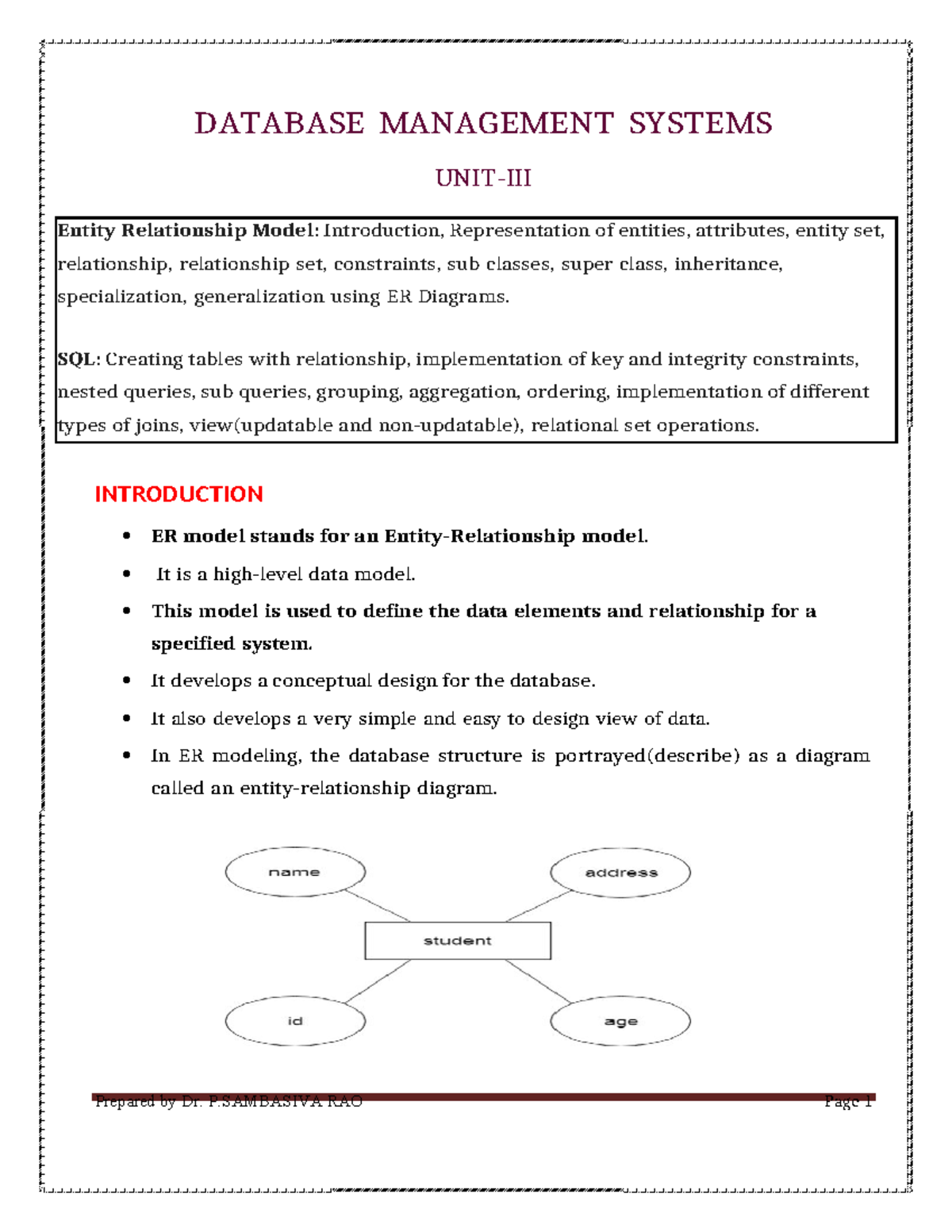 DATABASE MANAGEMENT SYSTEMS (DBMS) Unit 3: ER Model & SQL Concepts - Studocu