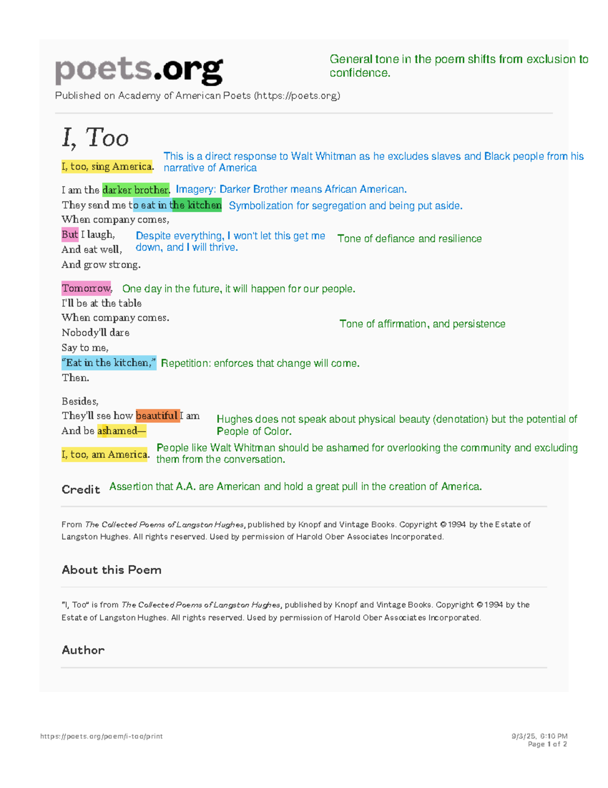 Langston Hughes I Too Analysis