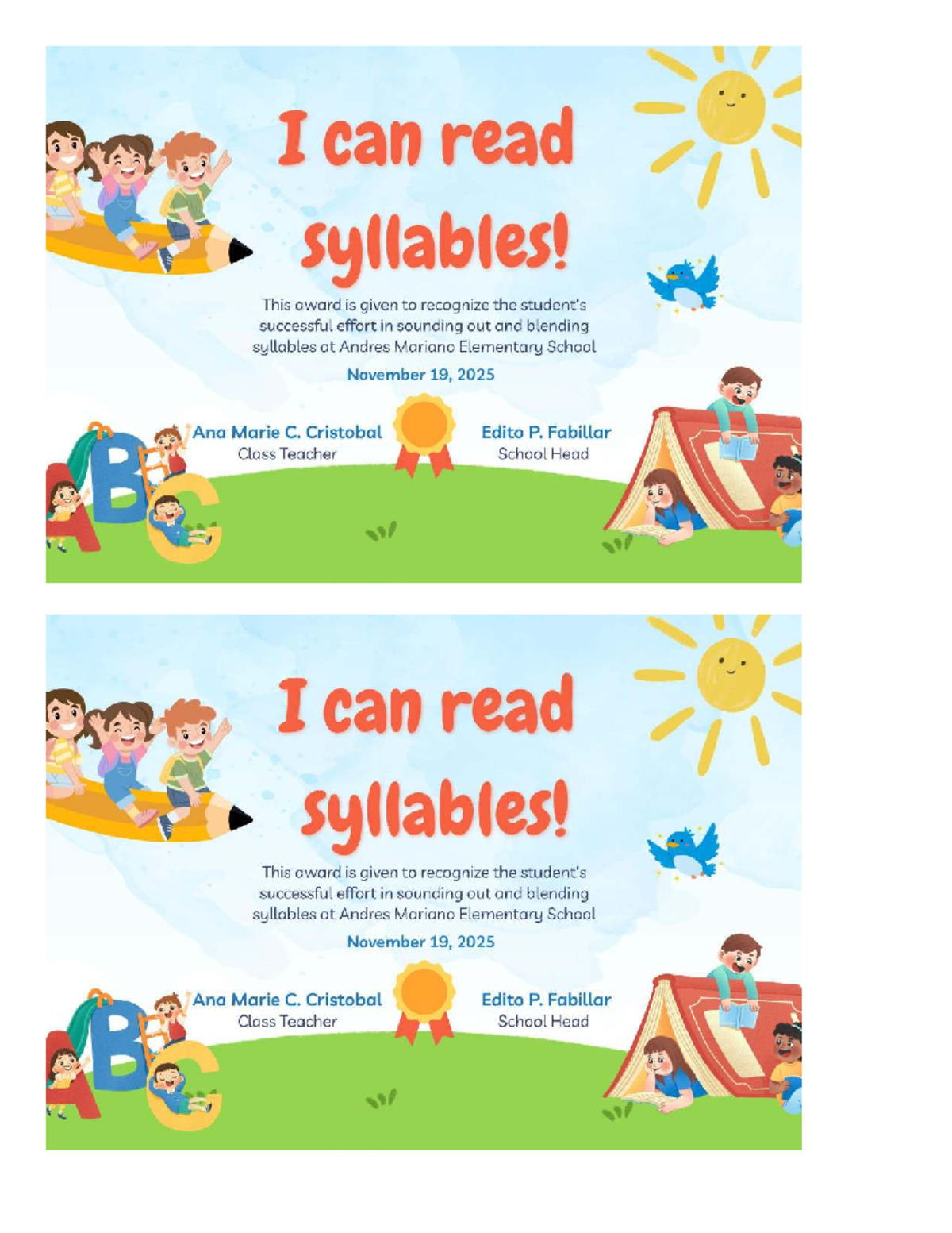 Certificates of Achievement in Reading Skills - Tarpapel - Studocu