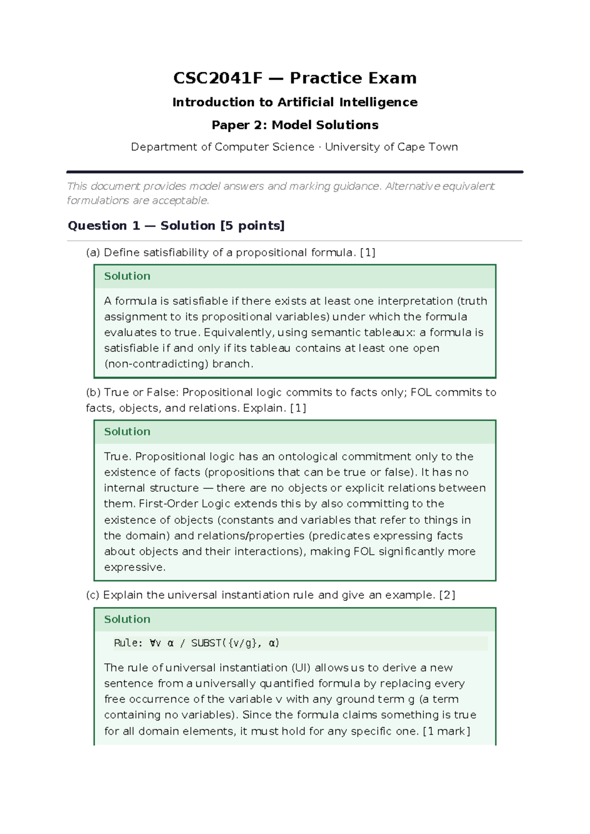 CSC2041F Practice Exam Model Solutions for AI Concepts - Studocu