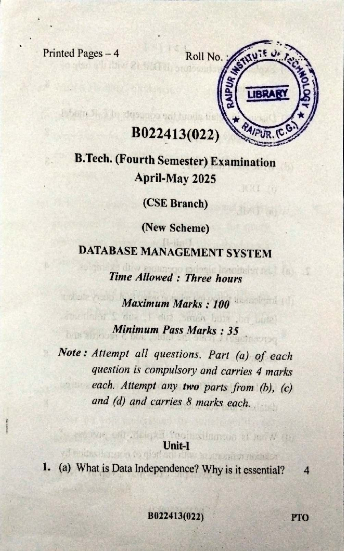 B.Tech CSE 45010N Database Management System Exam - Studocu