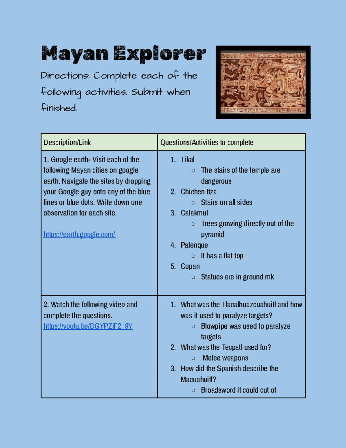 Mayan Explorer - Rizz - Mayan Explorer Directions: Complete each of the ...