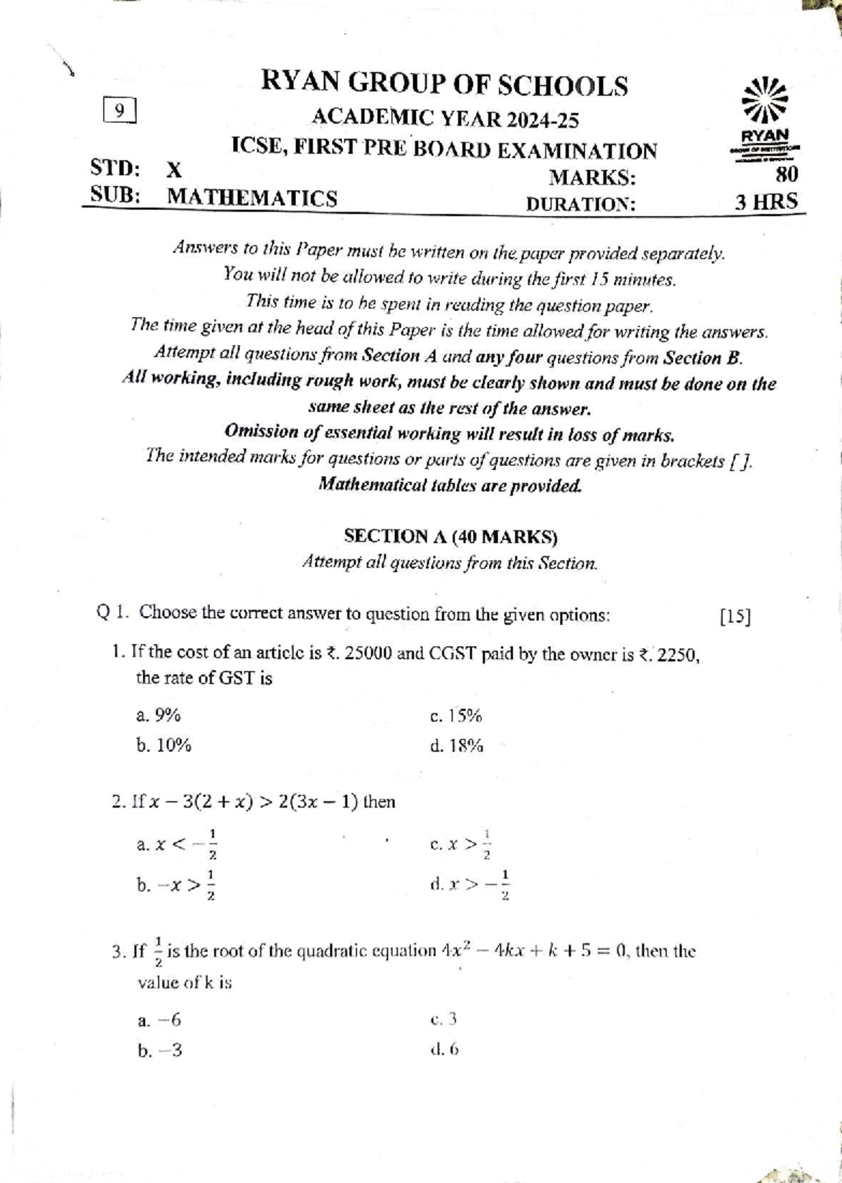 ICSE 10 Maths: Ryan Pre Board Exam 1 - Comprehensive Guide - Studocu