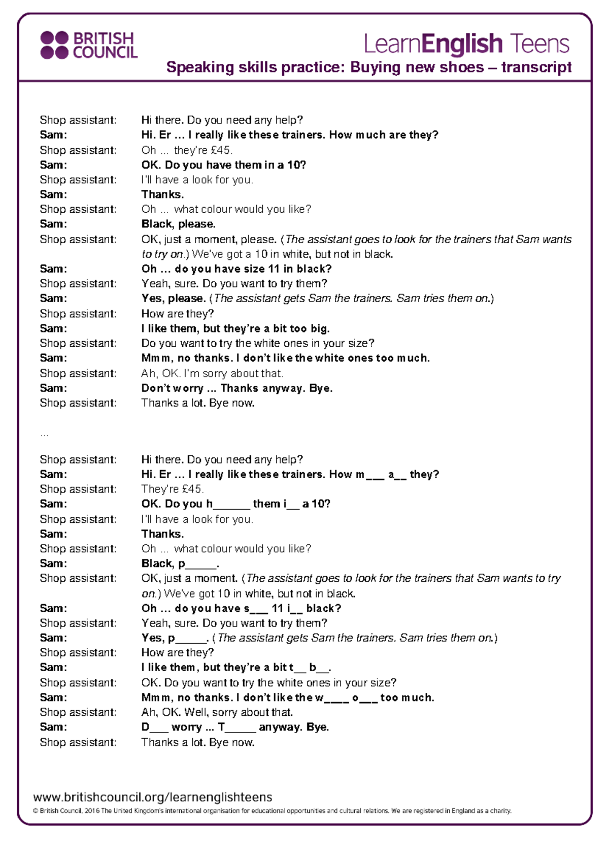 Speaking Skills Practice: Buying New Shoes Transcript (ESL) - Studocu