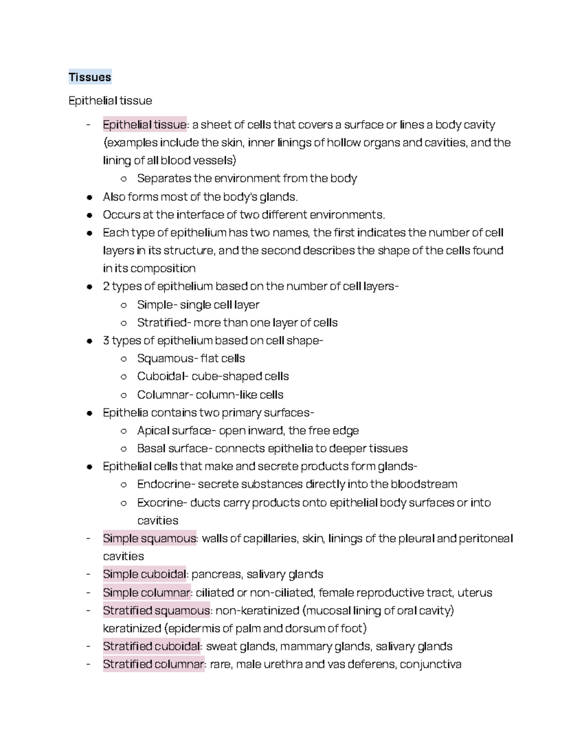 BIO 220 Notes: Epithelial and Connective Tissue Overview - Studocu