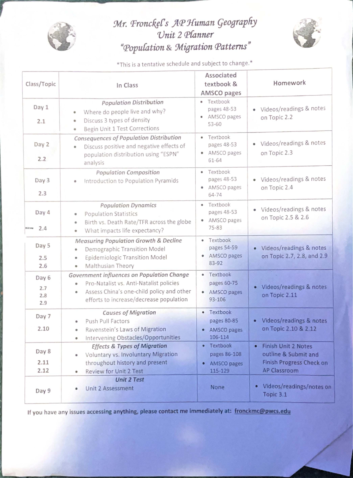 AP Human Geography Unit 2 Planner: Migration Schedule & Notes - Studocu