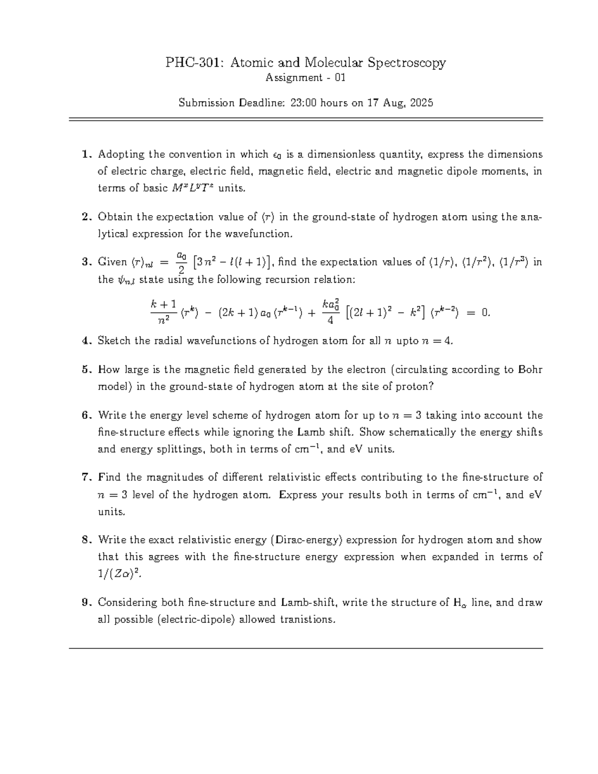 Atomic and Molecular Spectroscopy Assignment 01 - Tutorial Sheet - Studocu