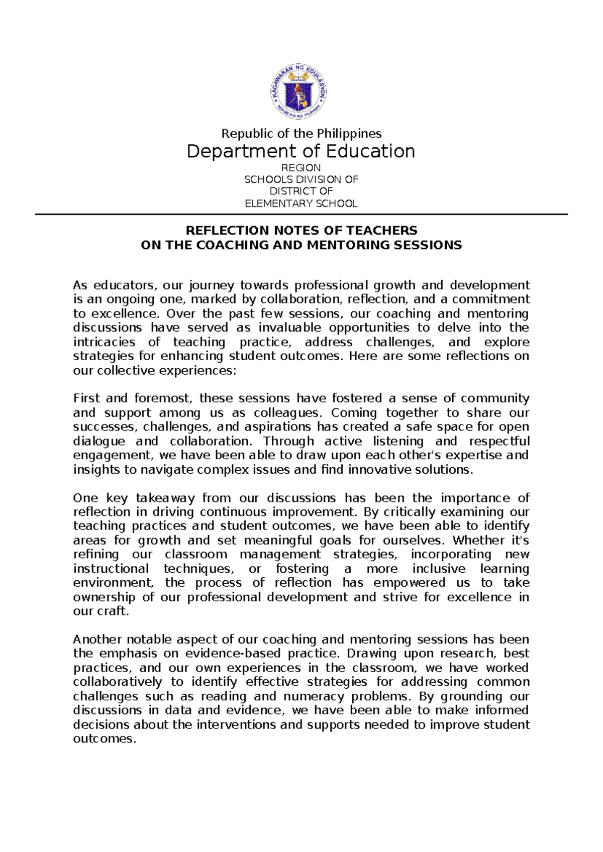 Reflection Notes on Coaching & Mentoring Sessions - DepEd Philippines ...