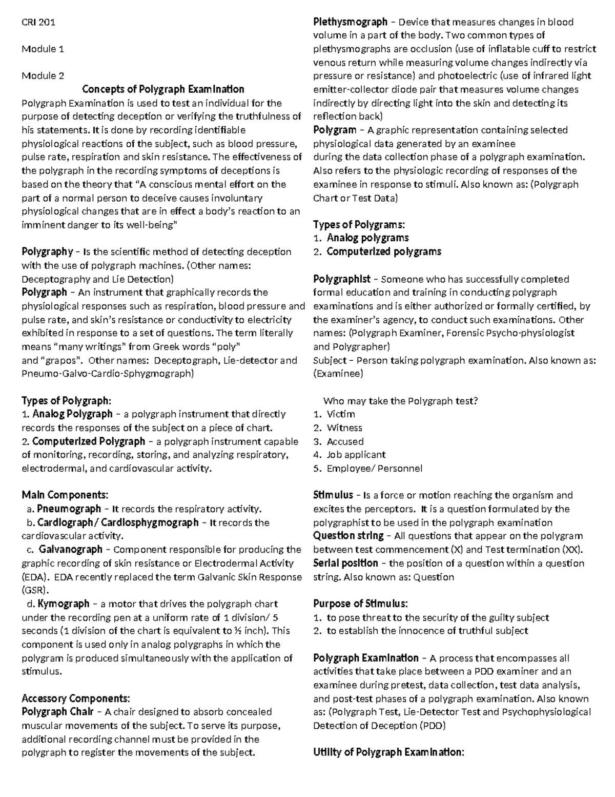 CRI 201 M20 - Comprehensive Guide to Polygraph Examination Techniques ...