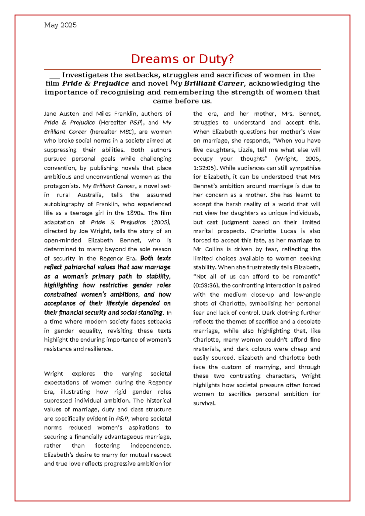 General English FA1 Literary Analysis: Women in Pride & Prejudice and ...