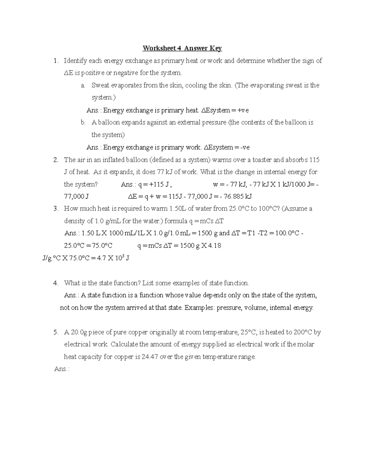 Thermodynamics Worksheet 4 Answer Key (Midterm) - Studocu