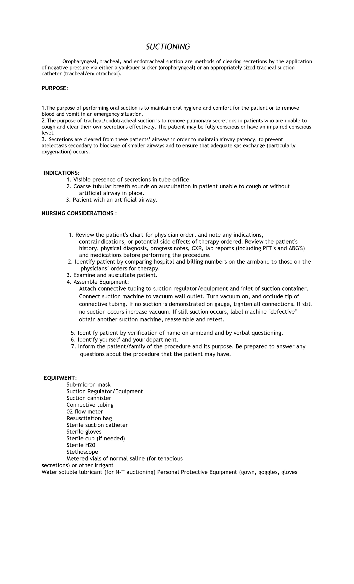 79079859-Suctioning - skills lab - SUCTIONING Oropharyngeal, tracheal, and endotracheal suction ...