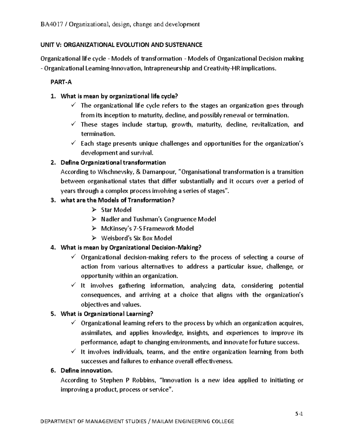 BA4017 Organizational Design, Change & Development: Unit V Insights on ...