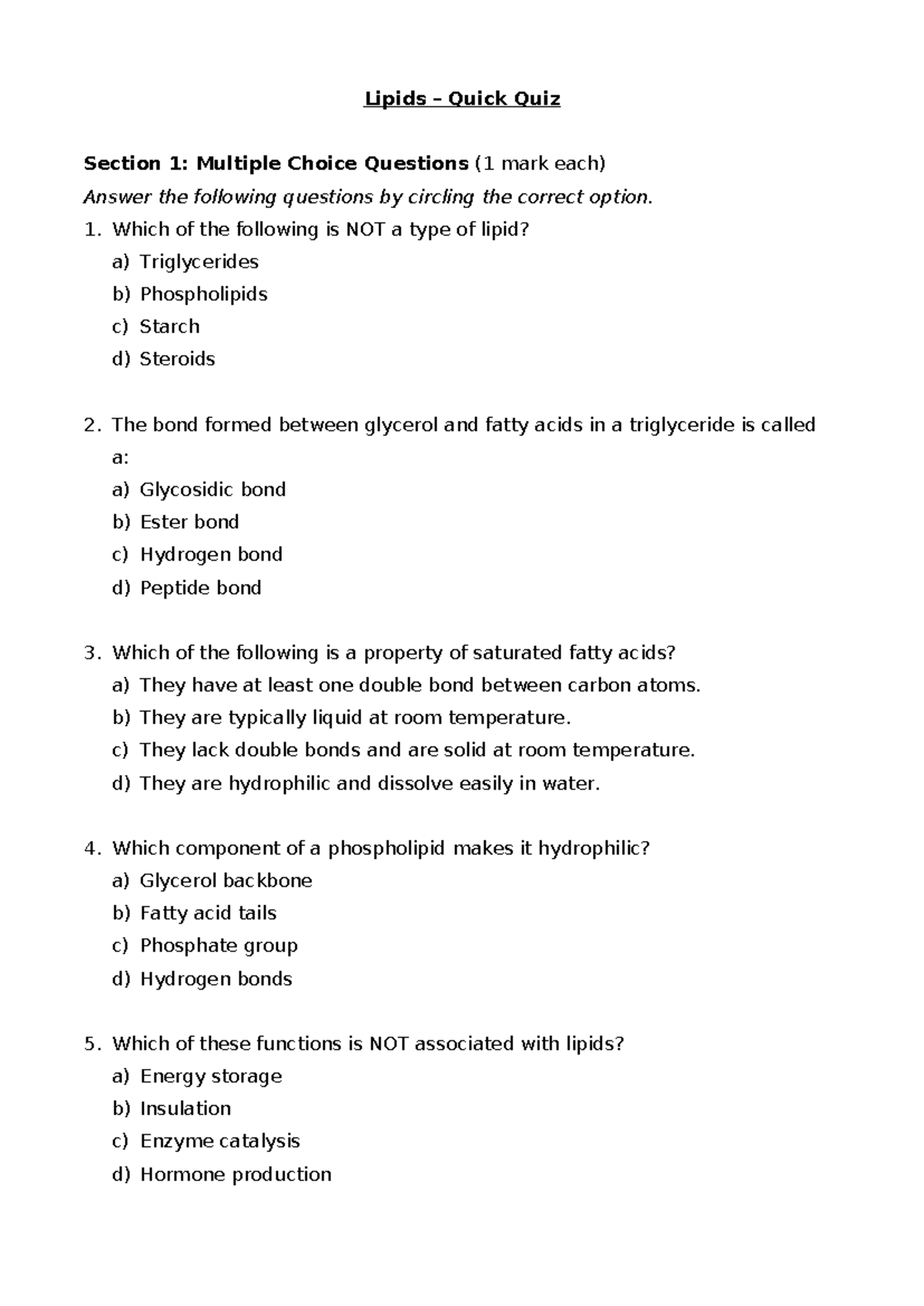 Lipids - Quick Revision Quiz (Topics & Questions) - Studocu