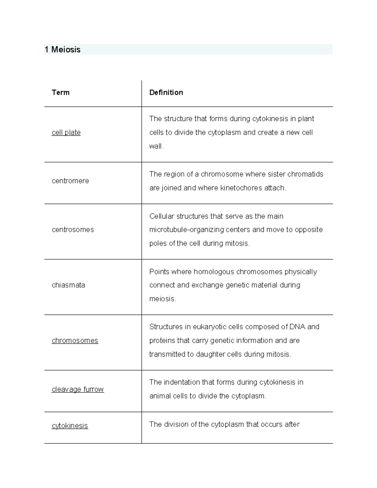 Meiosis and Genetic Diversity: Key Terms & Definitions (Bio 101) - Studocu