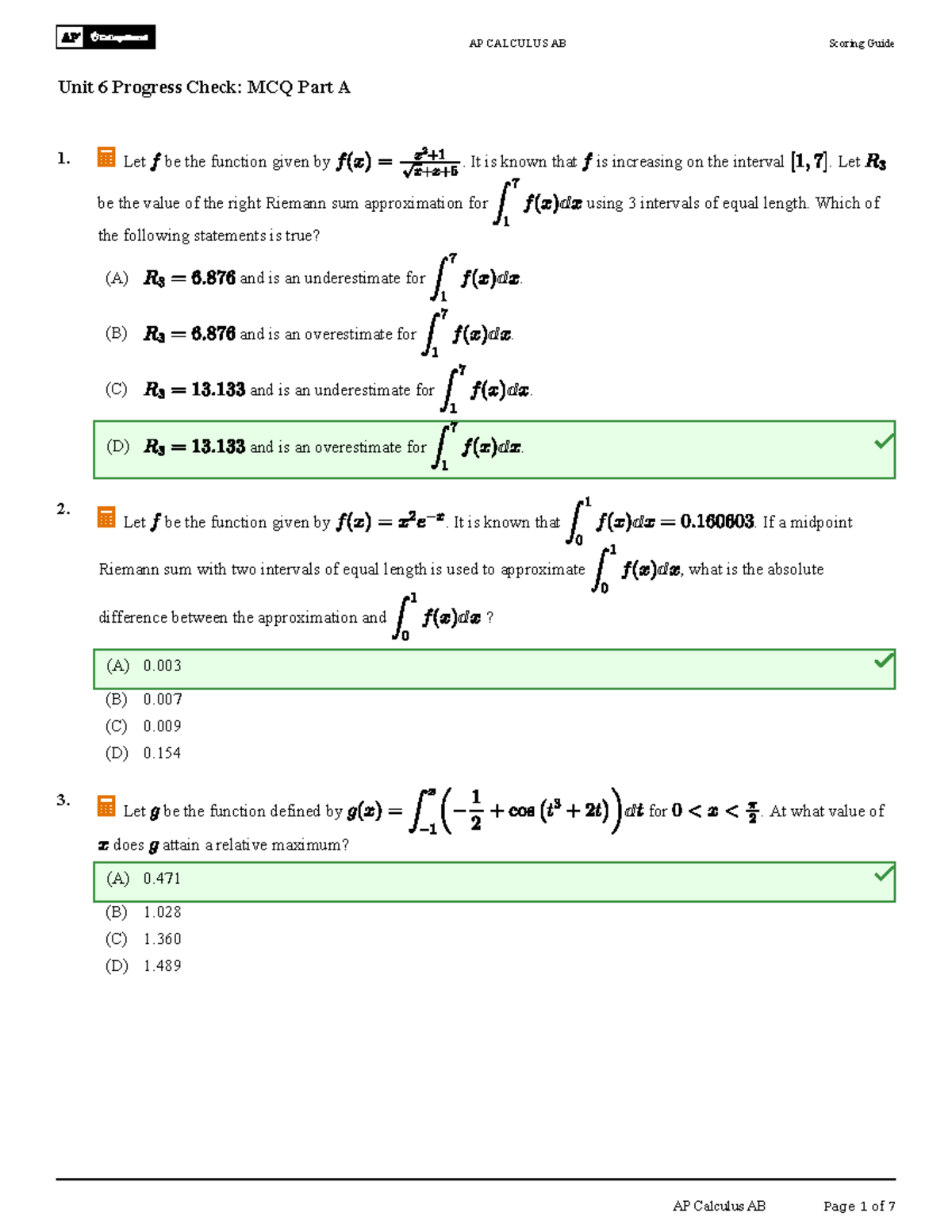 AP CALCULUS AB U6 Progress Check: MCQ Part A Scoring Guide - Studocu