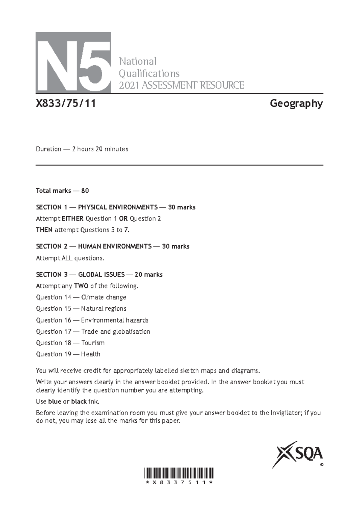 N5 Geography Final Exam QP 2021 - Understanding Global Issues and ...