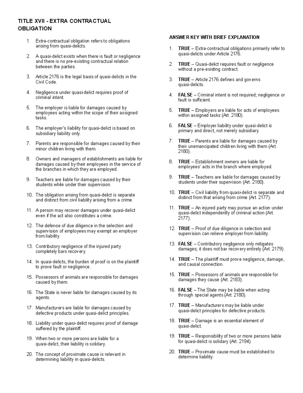 Extra-Contractual Obligations (TITLE XVII) - True/False Answer Key ...