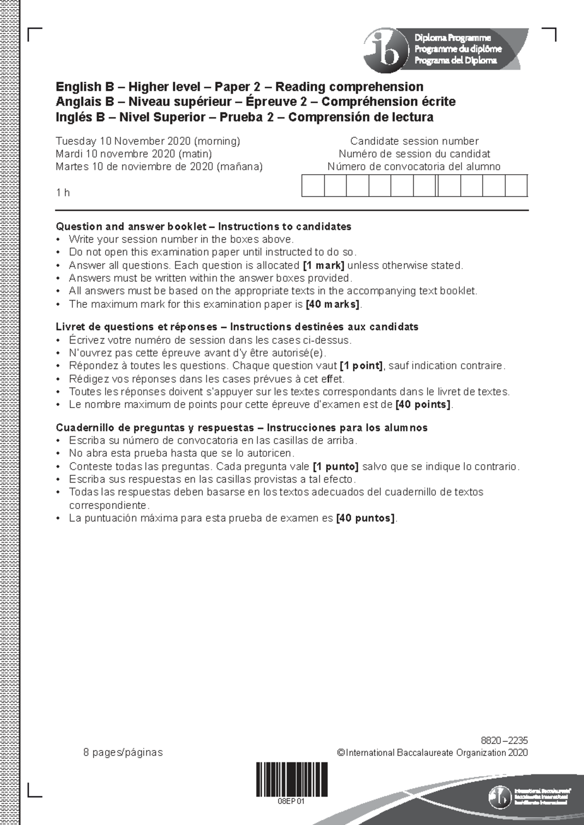 English B HL Paper 2 Reading Comprehension Question Booklet - Studocu
