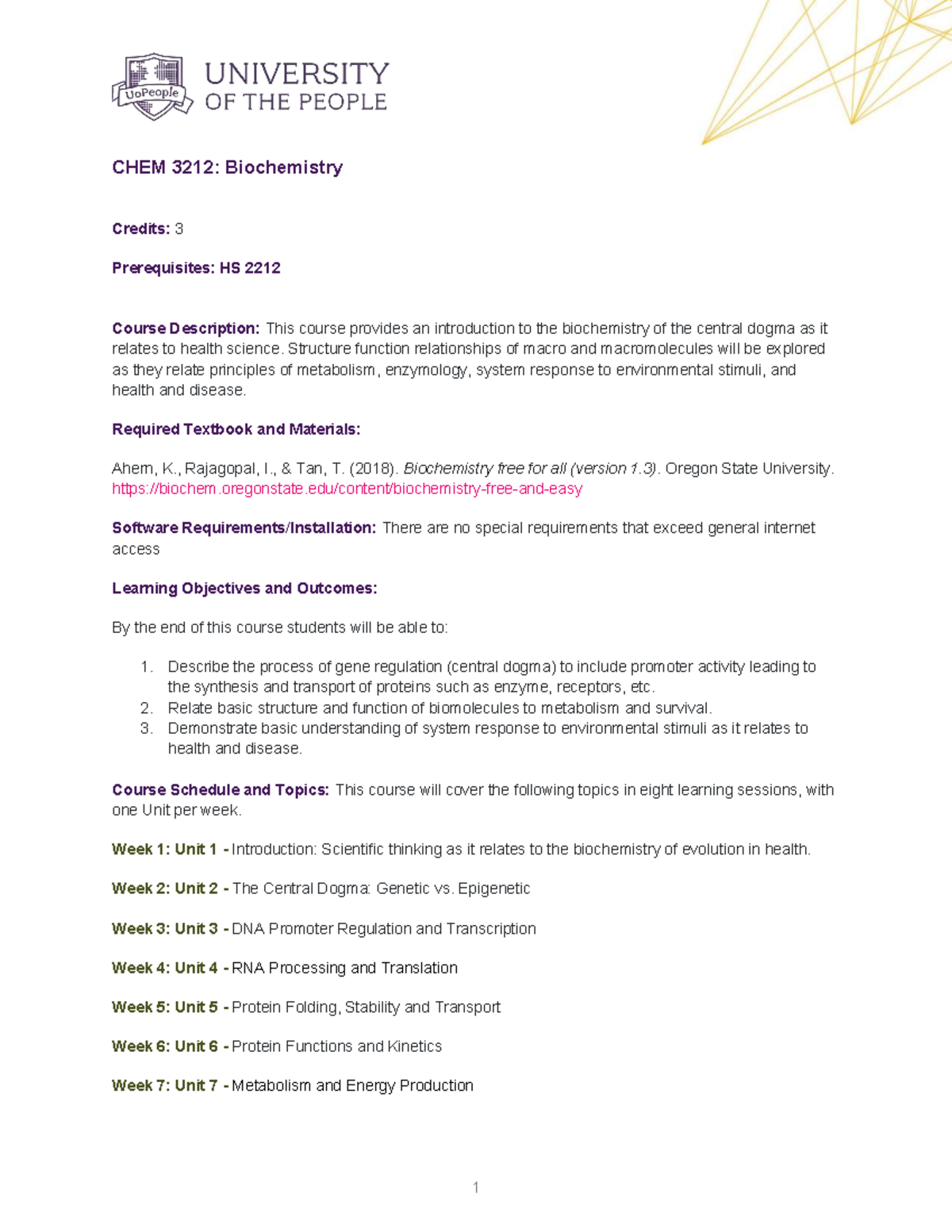 CHEM 3212: Biochemistry Course Syllabus and Learning Guide - Studocu