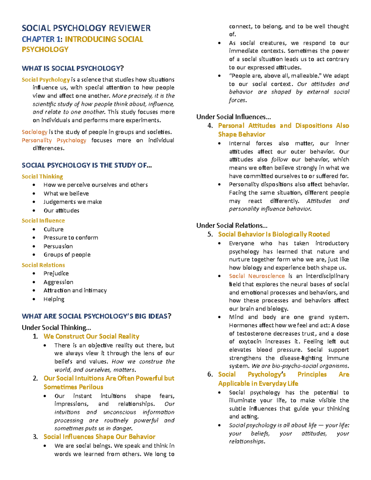 Social psychology reviewer: Chapter 1 - Introducing social psychology ...