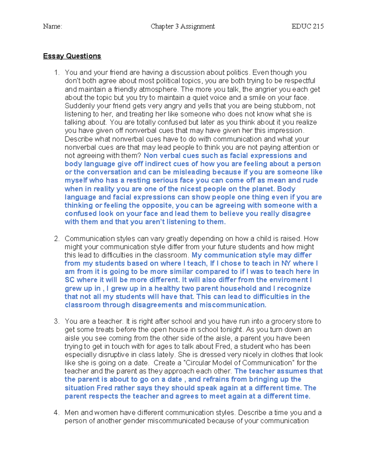 Chapter 3 Assignment EDUC 215: Exploring Nonverbal Communication and ...