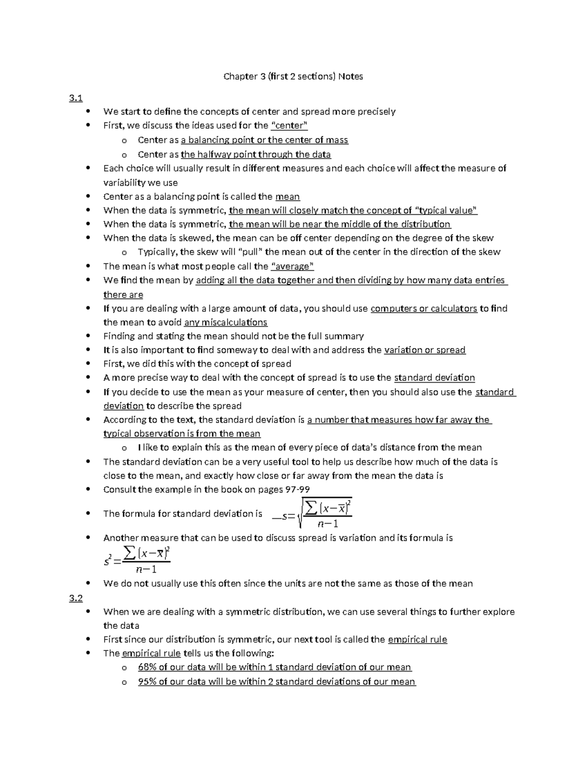 Chapter 3 Notes: Center & Spread Concepts in Statistics (Course Code ...