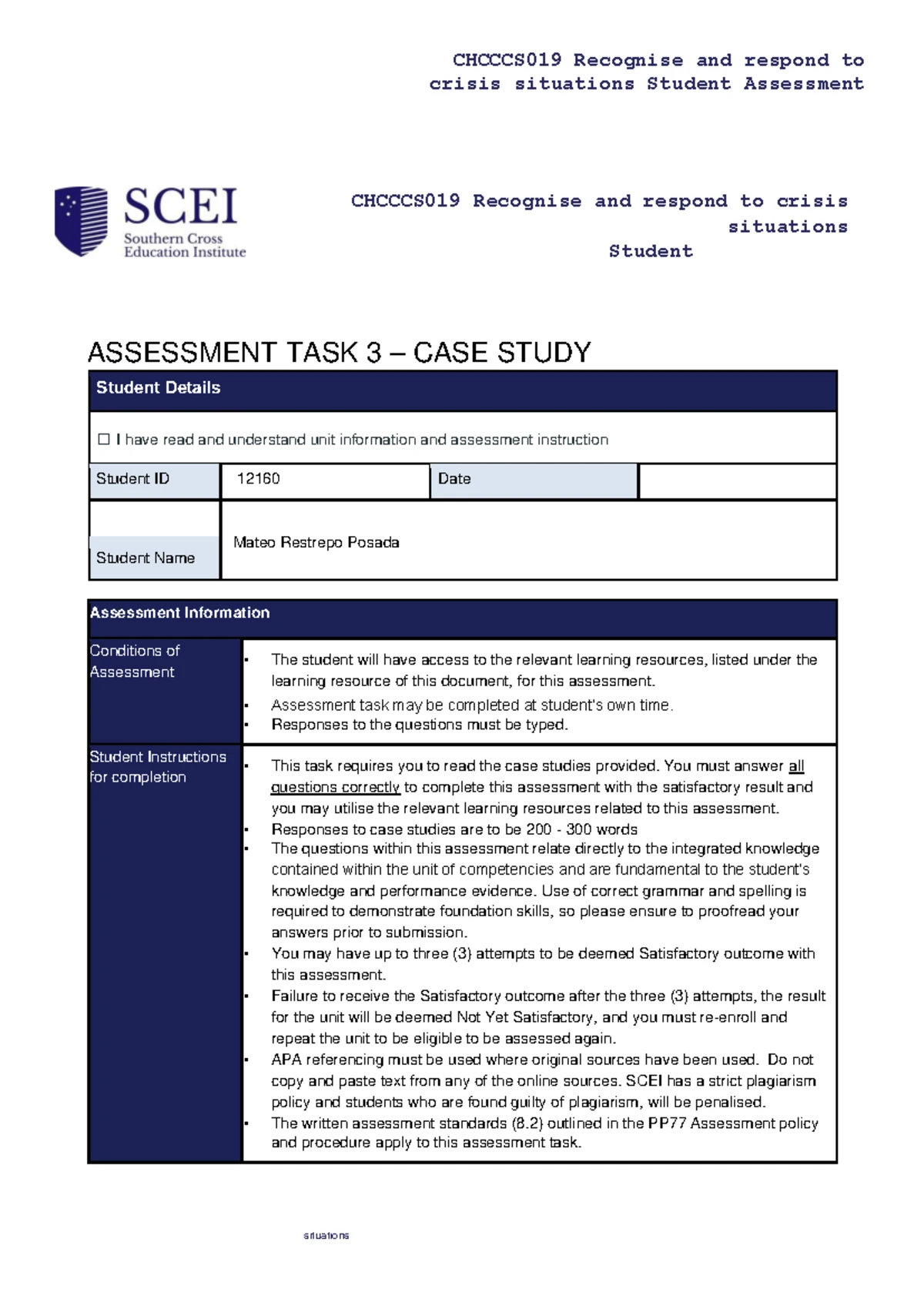 1. Chcccs 019 Crisis TASK 1 - SUBM - CHCCCS019 Recognise and respond to crisis situations ...
