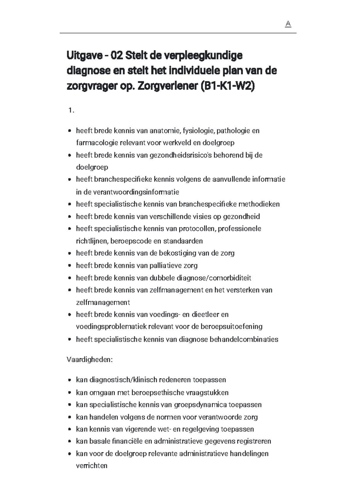 Verpleegkundige Diagnose en Zorgplan Opstellen - Zorgverlener (B1-K1-W2) - Studeersnel