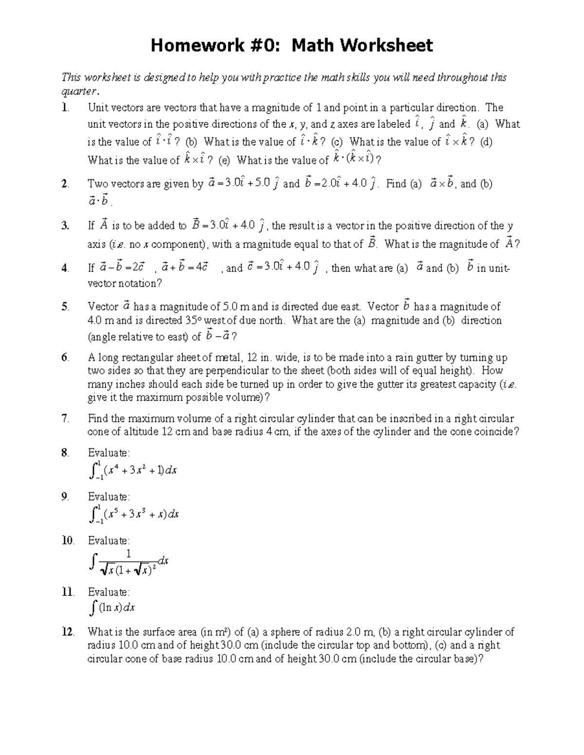 Homework #0 - pre requisite practice - Homework # 0 : Math Worksheet ...