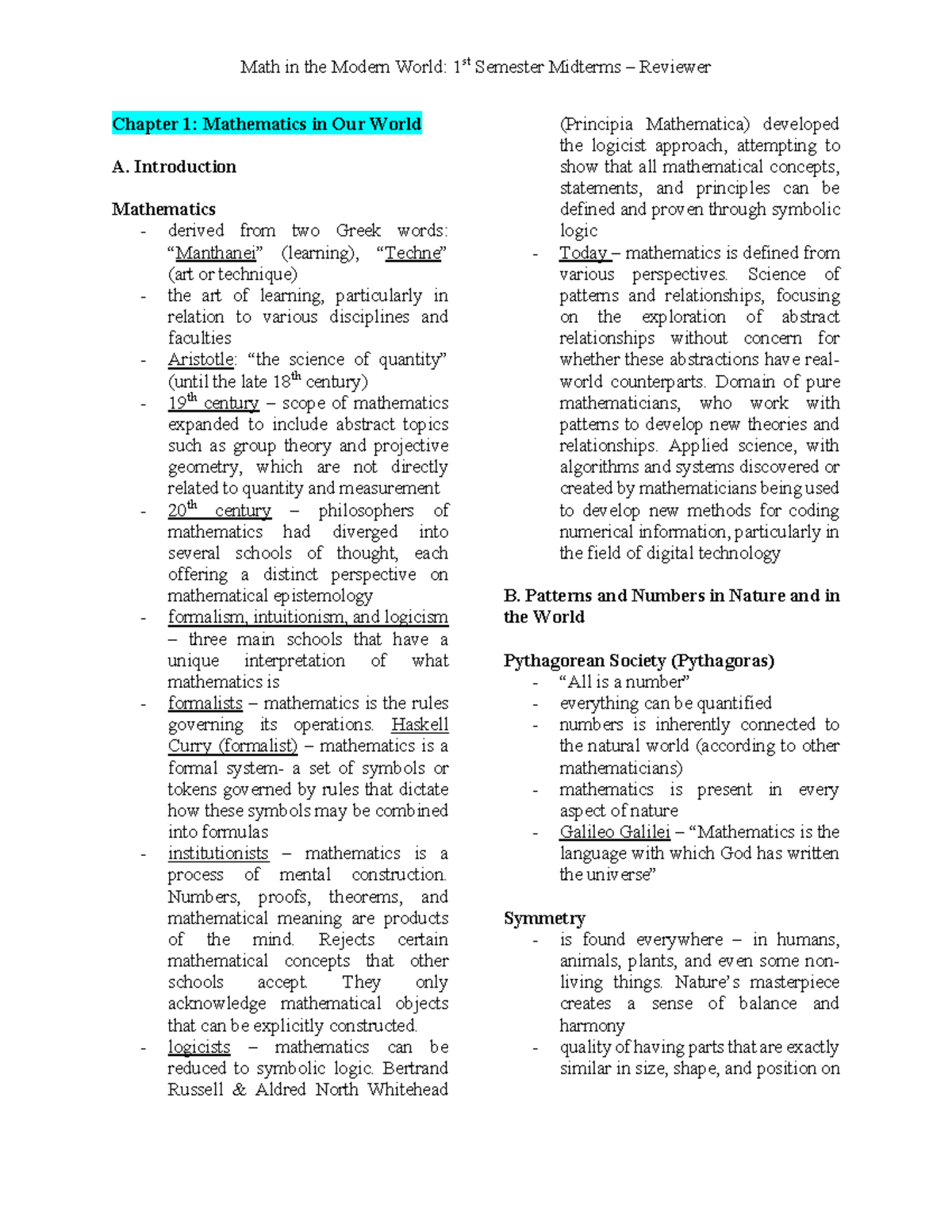 MMW 1st Sem Midterm Reviewer: Mathematics in Our World - Studocu