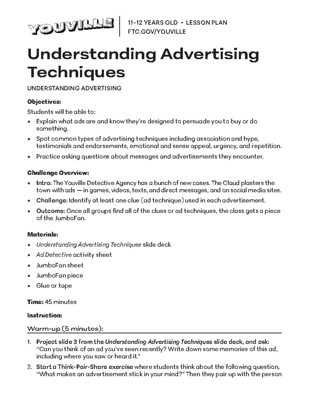 Ad Techniques Lesson Plan (Years Old) - Understanding Advertising - Studocu