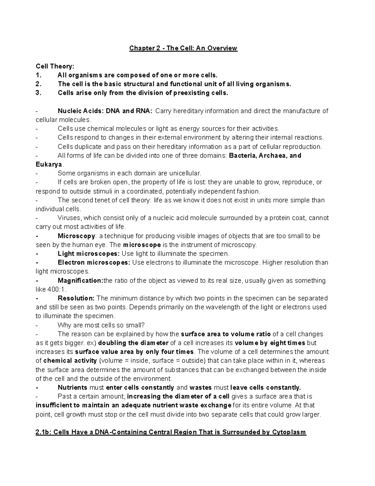 BIO120 Textbook Notes - Chapter 2 - The Cell: An Overview **Cell Theory ...