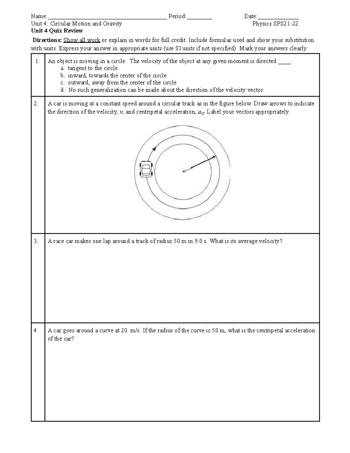 4.07 Unit 4 Quiz Review: Circular Motion & Physics Concepts - Studocu