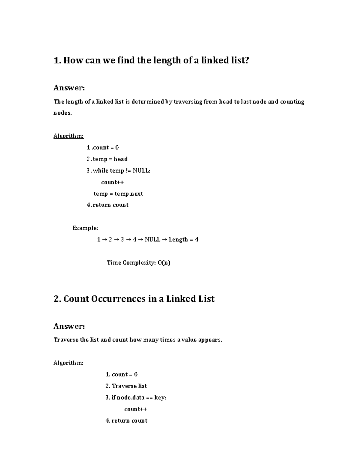 DSA - Linked List Operations and Algorithms Notes - Studocu