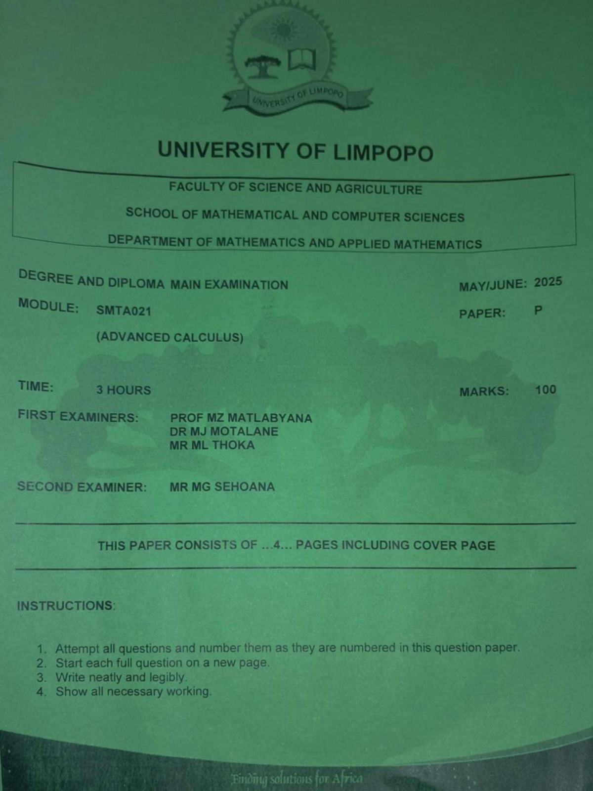 SMTA021 2025 Advanced Calculus Main Exam Paper Overview - Studocu