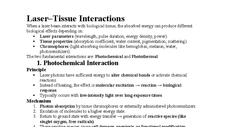 Laser Interactions with Biological Tissue: Effects & Applications - Studocu