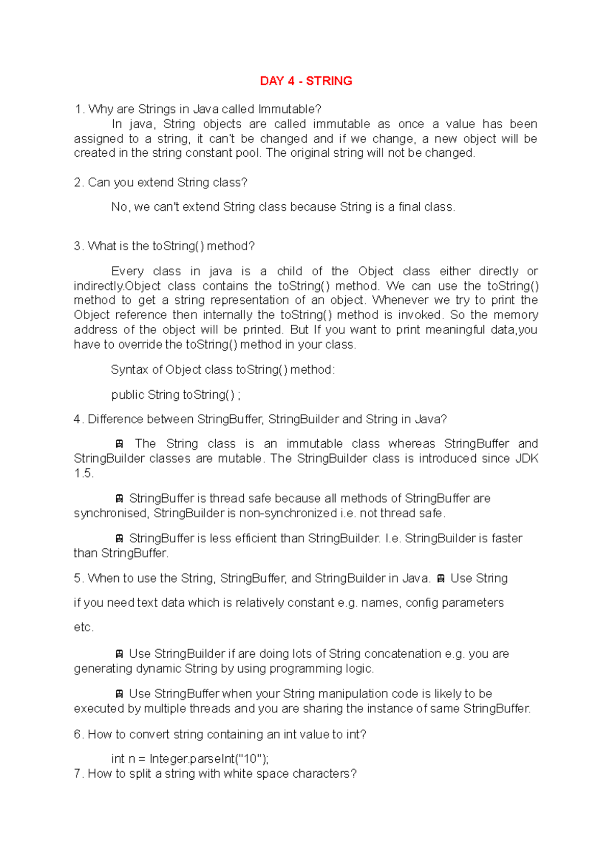 DAY 4 - Java String Concepts and Immutability Explained - Studocu