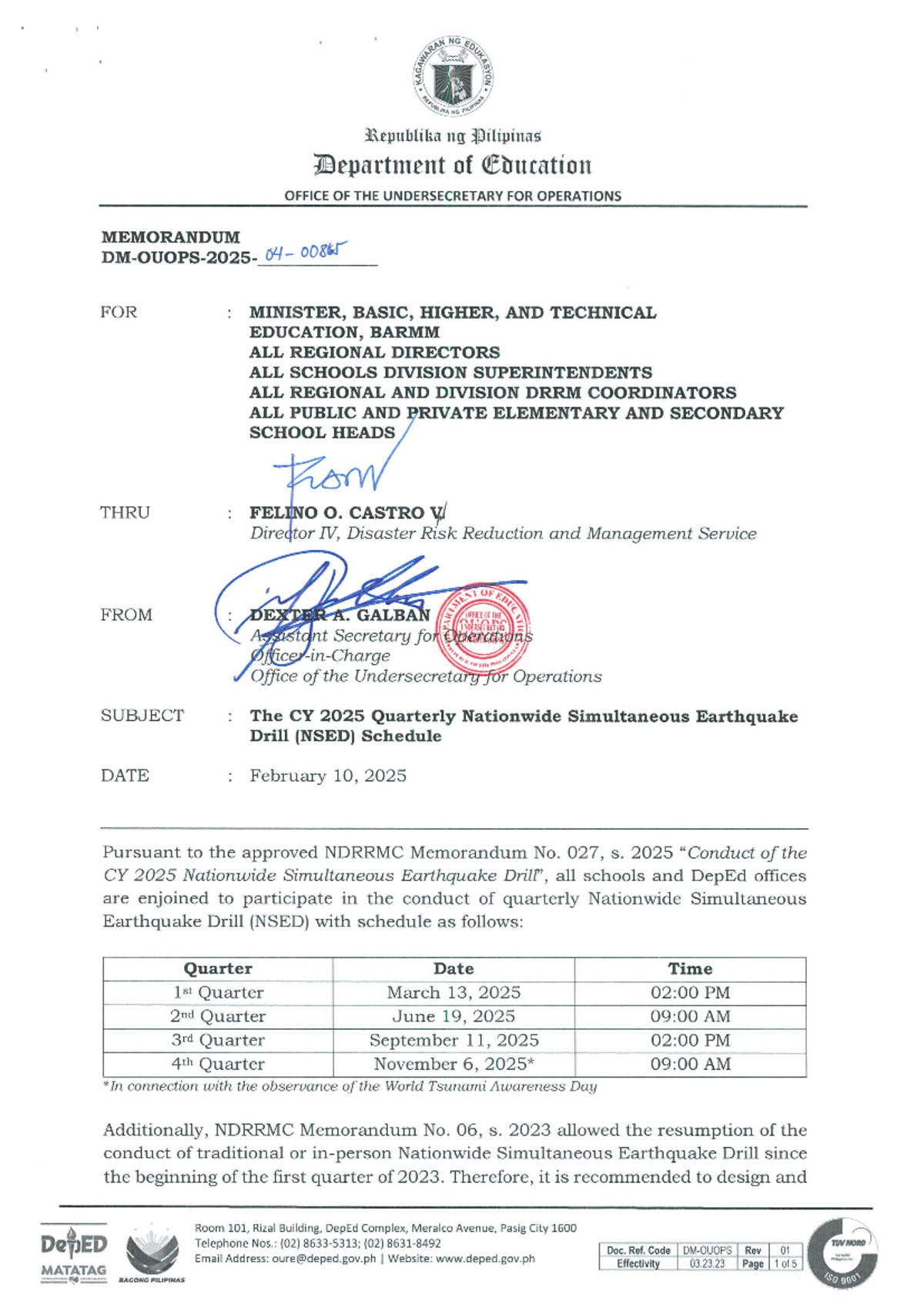 COMM 2025 NSED Schedule & Guidelines for Earthquake Drills - Studocu