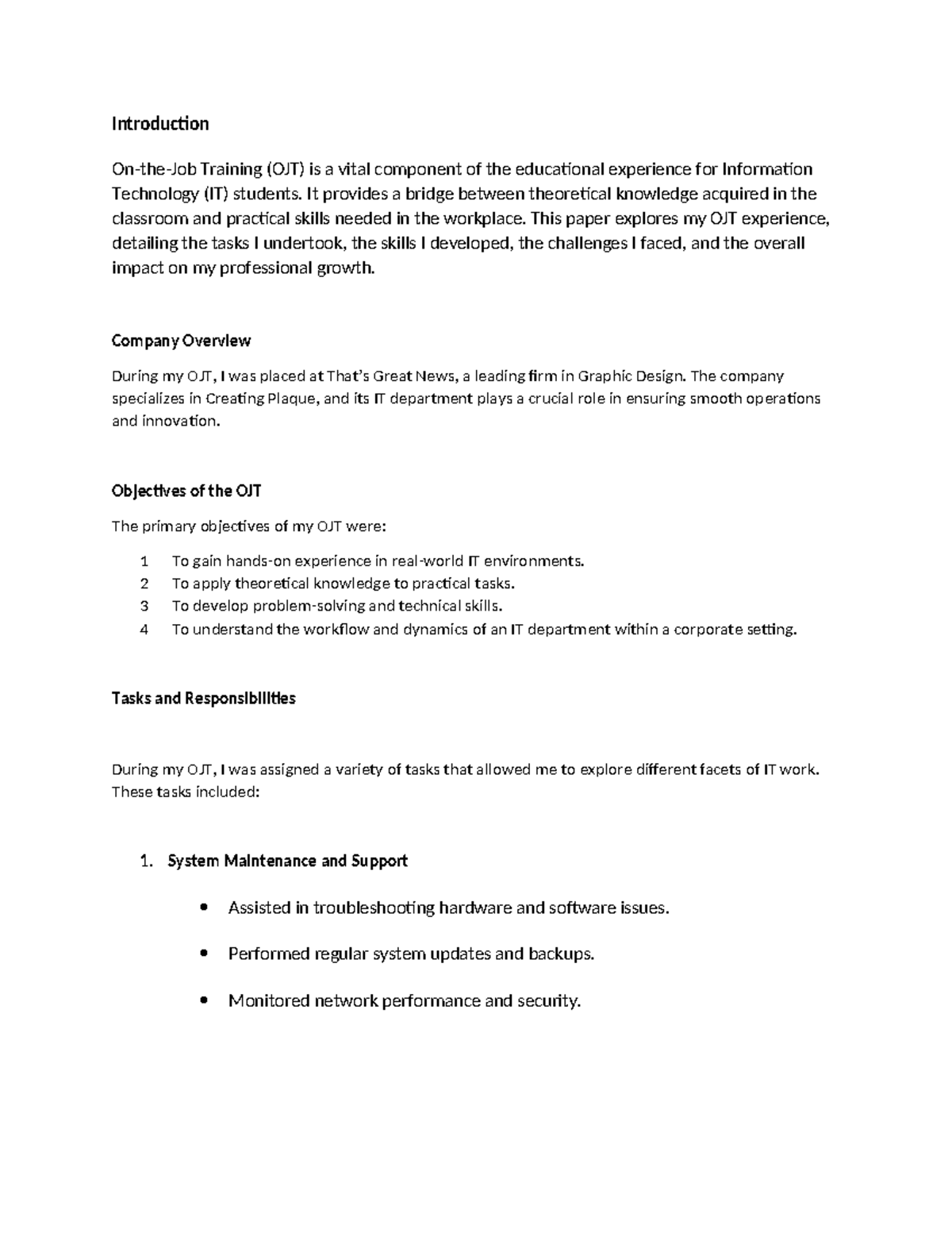 OJT Overview: Integration of Practical Skills in IT (Information Tech ...