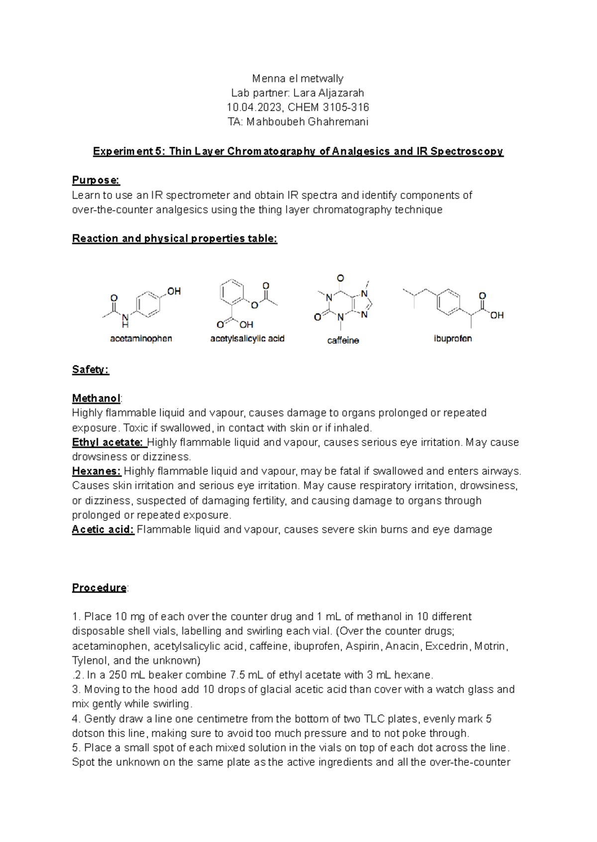 Experiment 5: Thin Layer Chromatography & IR Spectroscopy - CHEM 3106 ...